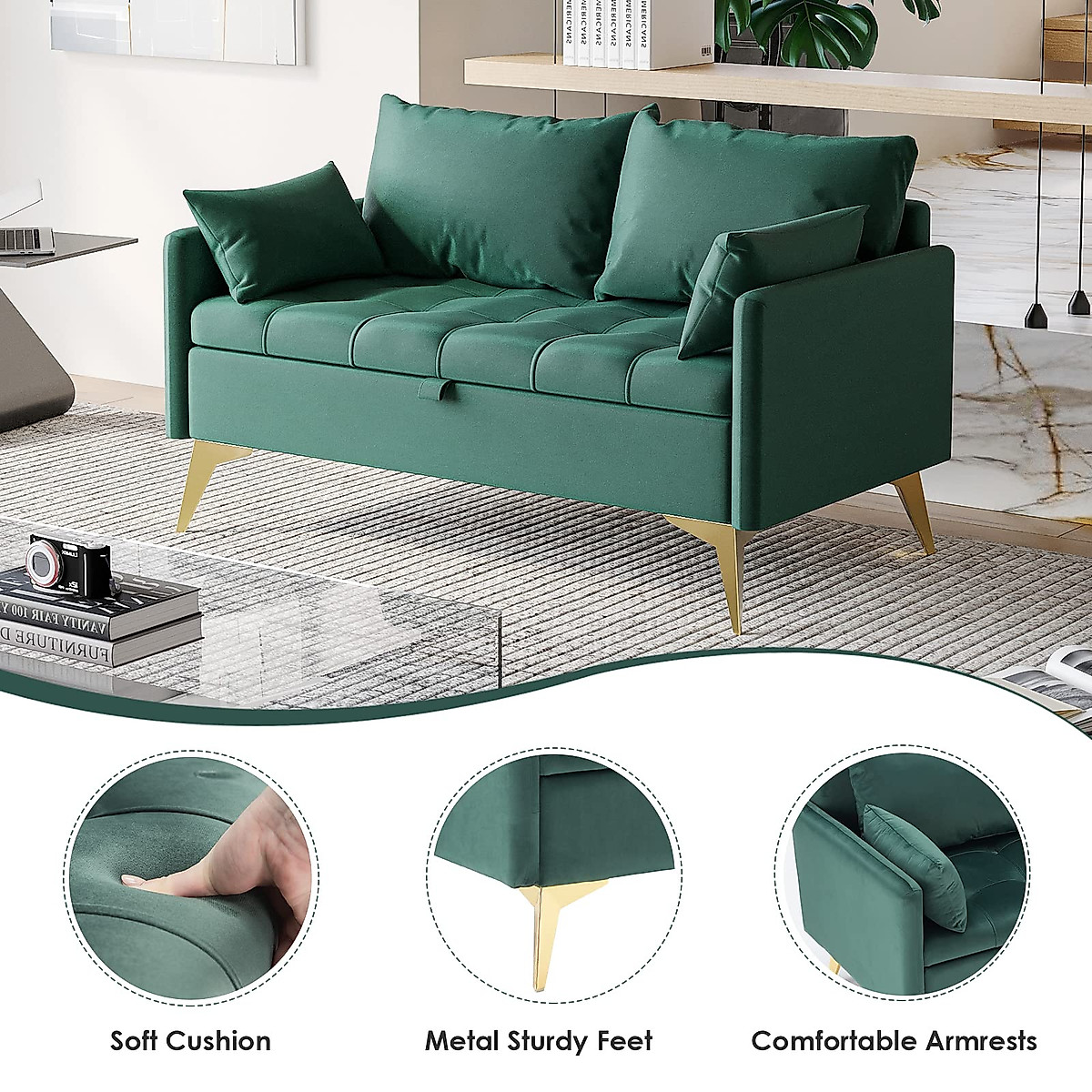 Farini Storage Space Modern Sofa Couch for Living Room (Green) Love Seats, Middle