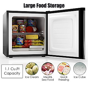 COSTWAY Compact Upright Freezer Countertop, 1.1 cu. ft. Mini Size with Reversible Stainless Steel Door and Adjustable Removable Shelves, Single Door Vertical Freezer for Home, Dorm, Office