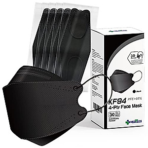 Medtecs KF94 Mask - 30 PCS - Korean Imported Filter - Individually Wrapped - 4 Ply Breathable Comfortable Safety Mask - 3D Structure for Larger Breathing Space & Makeup Friendly - Black