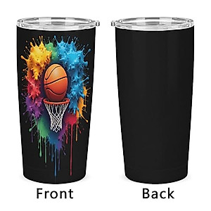 Colorful Basketball Splash 20 OZ Stainless Steel Tumbler Travel Car Coffee Mug with Straw Lid Cleaning Brush Coffee Tumbler Mug for Women Men