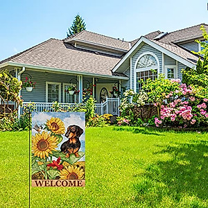 Furiaz Welcome Fall Dog Sunflower Small Decorative Garden Flag, Autumn Puppy Yard Cardinal Chickadee Outside Decorations, Spring Summer Burlap Outdoor Decor Double Sided 12 x 18
