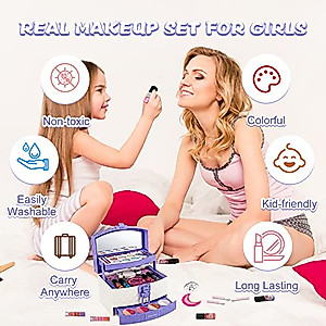 Mathea Kids Makeup Kit for Girls, Washable Non-Toxic Play Makeup, Real Makeup Girl Toys, Makeup Set for Girls, Easy to Storage and Portable, Birthday Toys Gift for 3 4 5 6 7 8 9 10 11 12 Years Old Kid