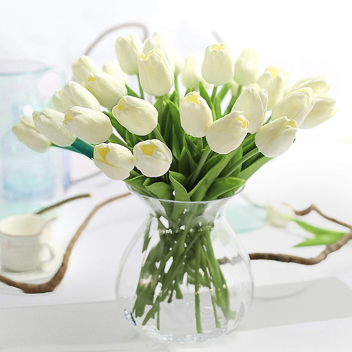 KOILLUXU Artificial Flowers 30pcs Bouquet 14" Tall Real Touch Tulips, White PU Fake Tulips Flowers for Arrangement Wedding Party or Easter Spring Home Centerpiece Dining Room Office Table Decoration