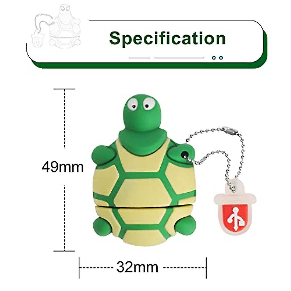 64GB USB Flash Drive Cute Turtle-Shaped, BorlterClamp Funny Memory Stick Cute USB 2.0 Drive Novelty Thumb Drive for External Data Storage, Green