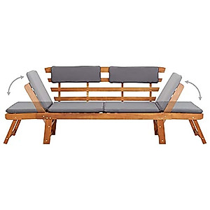 FAMIROSA Outdoor Bench 2-in-1 Convertible Day Bed with Cushion Both Side Adjustable Acacia Wood Garden Bench for Backyard, Balcony, Lawn, Poolside Furniture