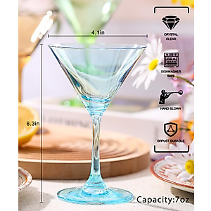 Physkoa Valentine's Day Gifts-Colored Martini Glasses Set | 7oz | Hand Blown Crystal Martini Glasses | Art Deco Cocktail Glasses Set | Versatile Tall Cocktail Glasses | Colorful Cocktail Glass