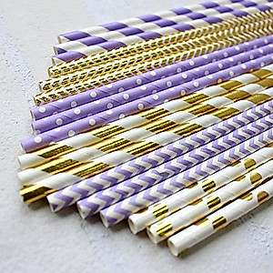 IPALMAY Purple and Gold Biodegradable Drinking Paper Straws, Striped Polka Dot Chevron, 7.75 Inches, Pack of 150