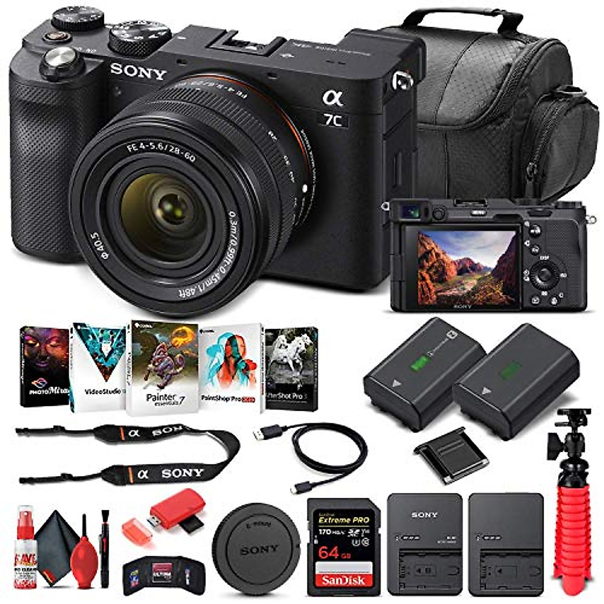 Sony Alpha a7C Mirrorless Digital Camera with 28-60mm Lens (Black) (ILCE7CL/B) + 64GB Memory Card + NP-FZ-100 Battery + Corel Photo Software + Case + External Charger + Card Reader + More (Renewed)