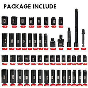 SEKETMAN 3/8-Inch Drive Impact Socket Set,49 Pieces,SAE/Metric,Deep/Shallow,(5/16"-3/4",8mm-22mm),6 Point,CR-V Steel,Includes Extension Bar,Adapter and Universal Joint