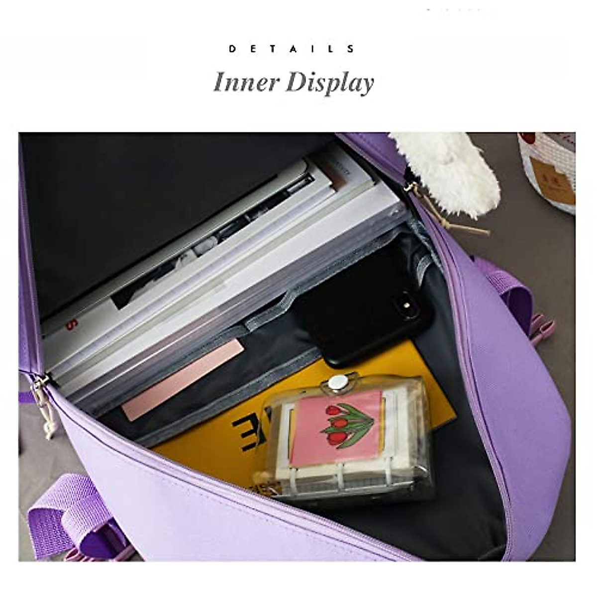 Kawaii Backpack Set of 5 with Pins and Accessories Cute Aesthetic Backpack Set with Display Window for School Teen Girls (Yellow)