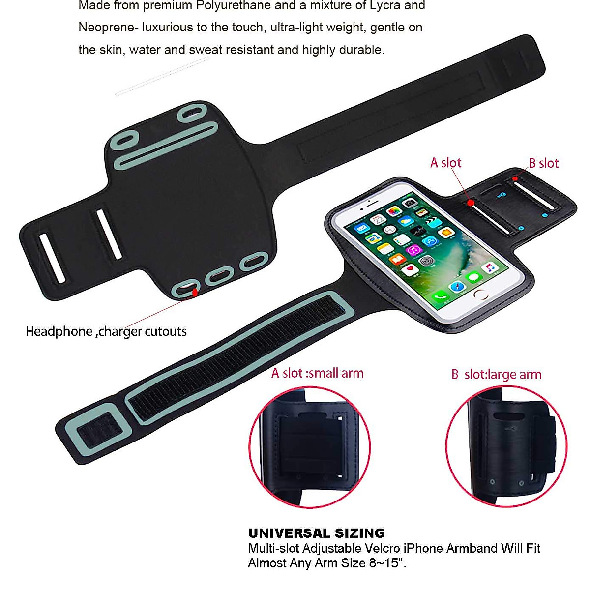 2 Pack Cell Phone Armband Compatible with iPhone X Xs,8 7 6 6S 8, 7,6S,SE,5S,5C,5,4S,4,GalaxyS9,S8,S7,S6,Water Resistant Breathable Phone for Running, Biking-Black+Silver