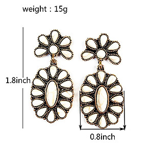Vintage Boho Statement Drop Earrings Oval Imitate Turquoise Ethnic Charms Flower Dangle Earring for Women Jewelry Gift (white)
