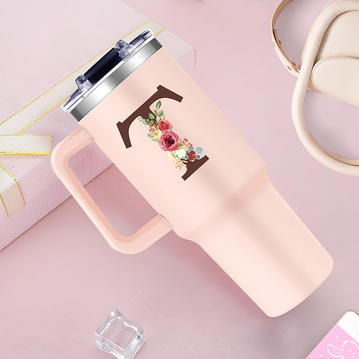 Gooddooes Monogrammed 40oz Tumbler with Handle for Women, Personalized Birthday Gifts for Women,Initial Cups for Women Floral Letter T,Customized Gifts for Women Lady Gift for Mothers Day Christmas
