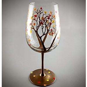 Autumn Tree Wine Glass - Fall Colors - Leaves of Red, Yellow, Orange - Hand Painted - Fall Leaf - 20 ounce