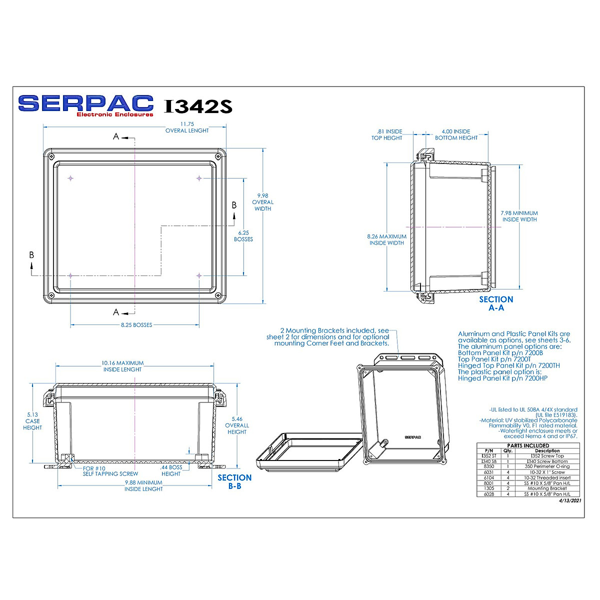 Serpac I342S,TGBG (5.46 x 10.23 x 11.75 in) Polycarbonate IP67 Waterproof UL 508A Plastic Project Junction Box Enclosure with Gray Top Screw Entry Cover and Gray Bottom
