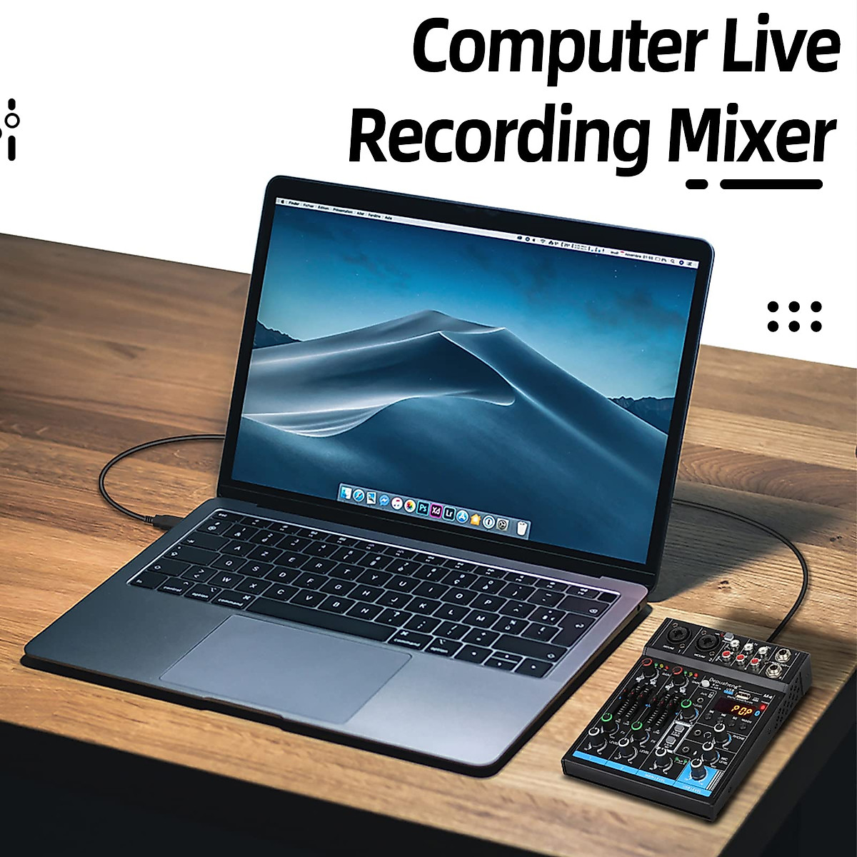 Depusheng M4 Portable Mini Mixer 4-Channel Audio Mixer DJ Console with Sound Card, Bluetooth Function, USB, 48V Phantom Power for PC Recording Webcast Party