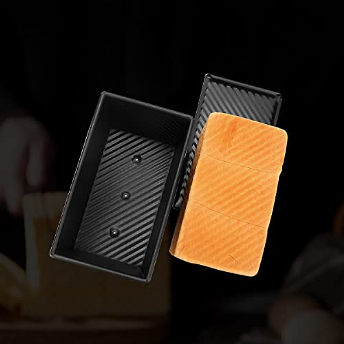 Kofebe Non-Stick Loaf Pan Carbon Steel Corrugated Baking Bread Pan Bread Toast Mold with Cover for Oven-1lb (450g) Black