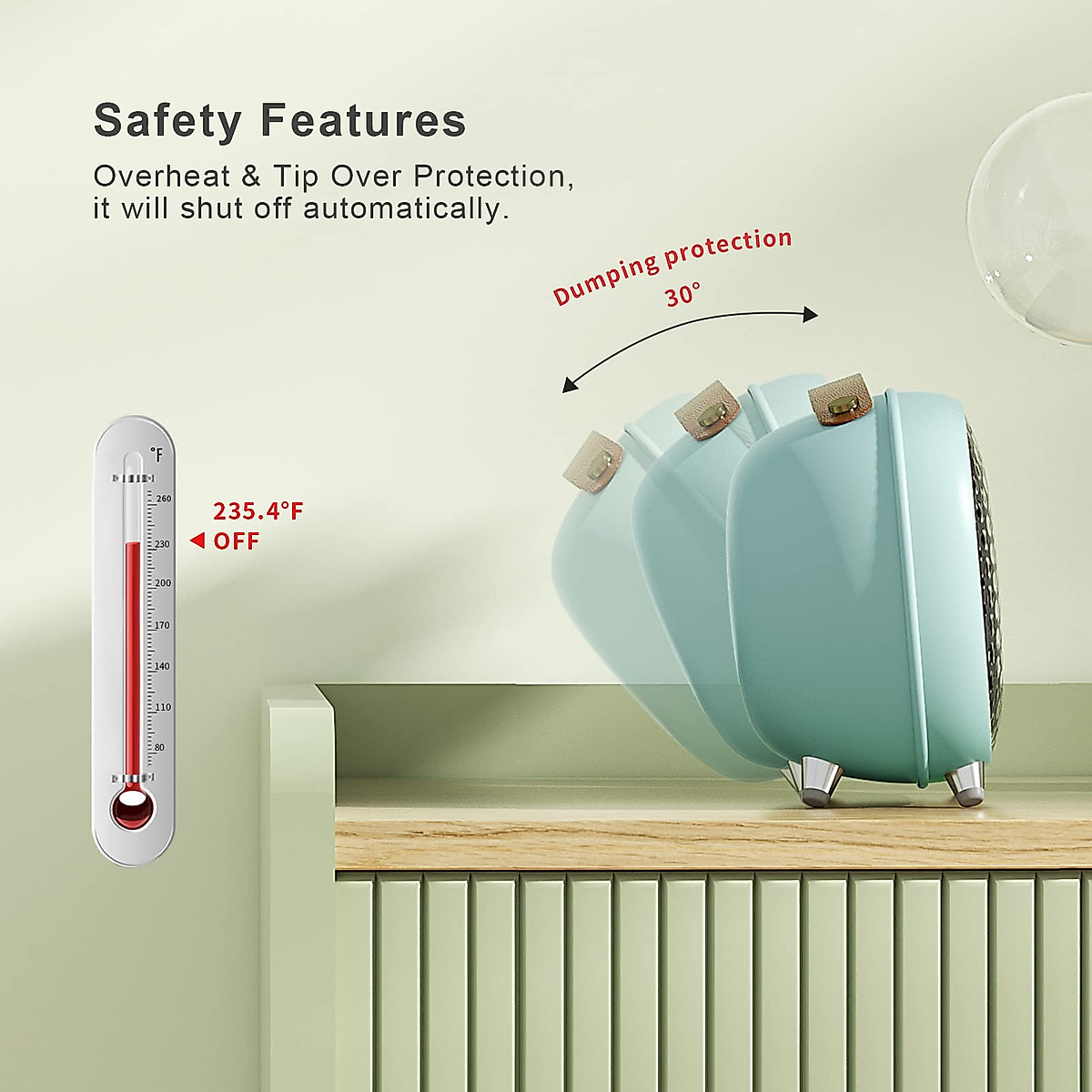 Vteilas Portable Electric Space Heater 800W/400W/Natural Wind, PTC Fast Heating Small Space Heater with Tip-over and Overheat Protection for Bedroom, Office, Room, Desk and Indoor Use (Green)