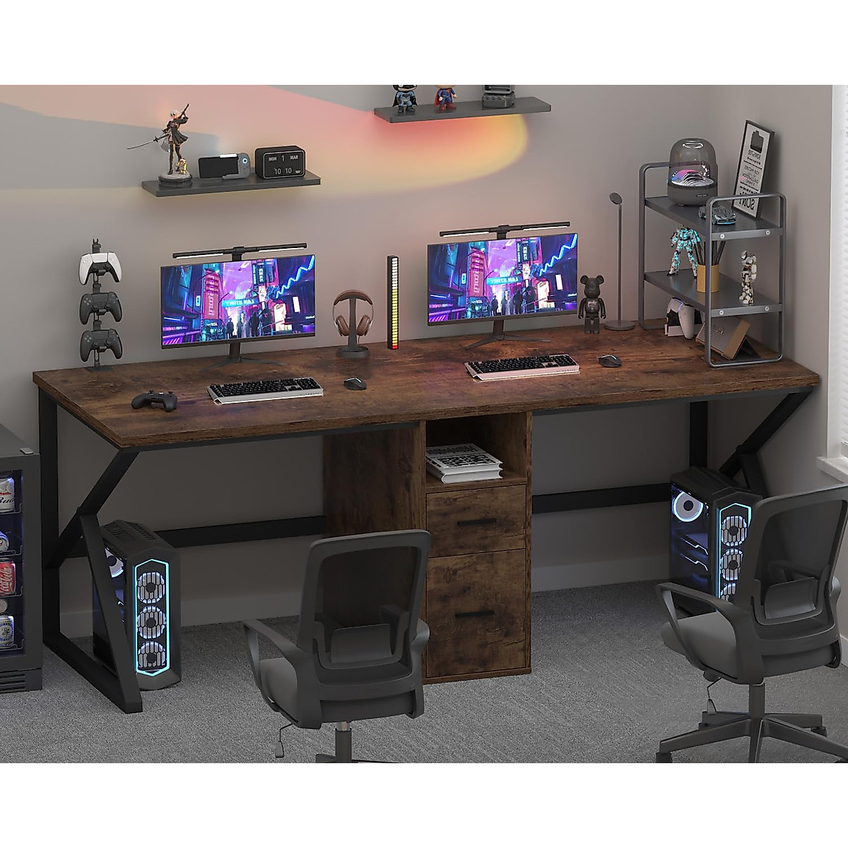 IBF 79" Two Person Office Desk,Large Double Long Pc Desk with File Drawer, 2 Person Computer Desk with Storage Cabinet Shelf, Industrial Wood Modern Work Dual Computer Table for Home, Rustic Brown