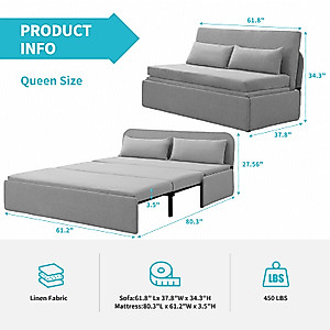 CECER Queen Size Pull Out Sofa Bed, Pull Out Couch Bed with 2 Pillows, Linen Convertible Sleeper Sofa with Foldable Mattress, 2 in 1 Armless Sleeper Sofa for Living Room (Light Grey)