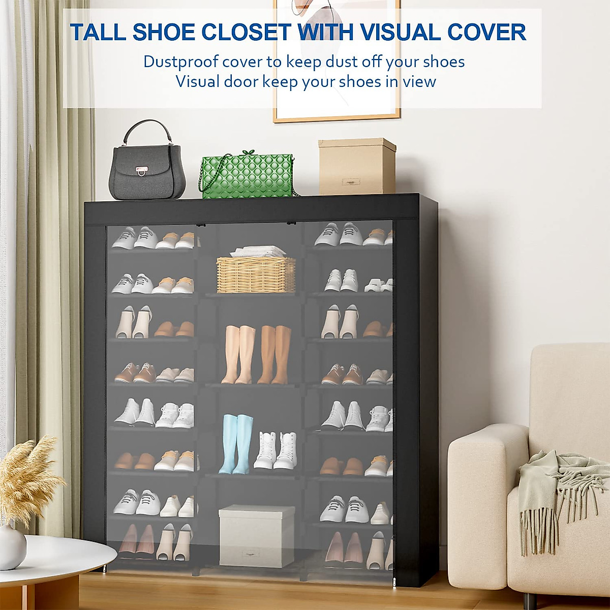 LVNIUS Large Tall Shoe Rack With Covers Shoes Closet 9-Tier 40-46 Pairs, Sneaker Organizer Cabinet Closed Shoe Shelves Shoe Stand Holder For Garage Bedroom,Zapateras, 50 Pares