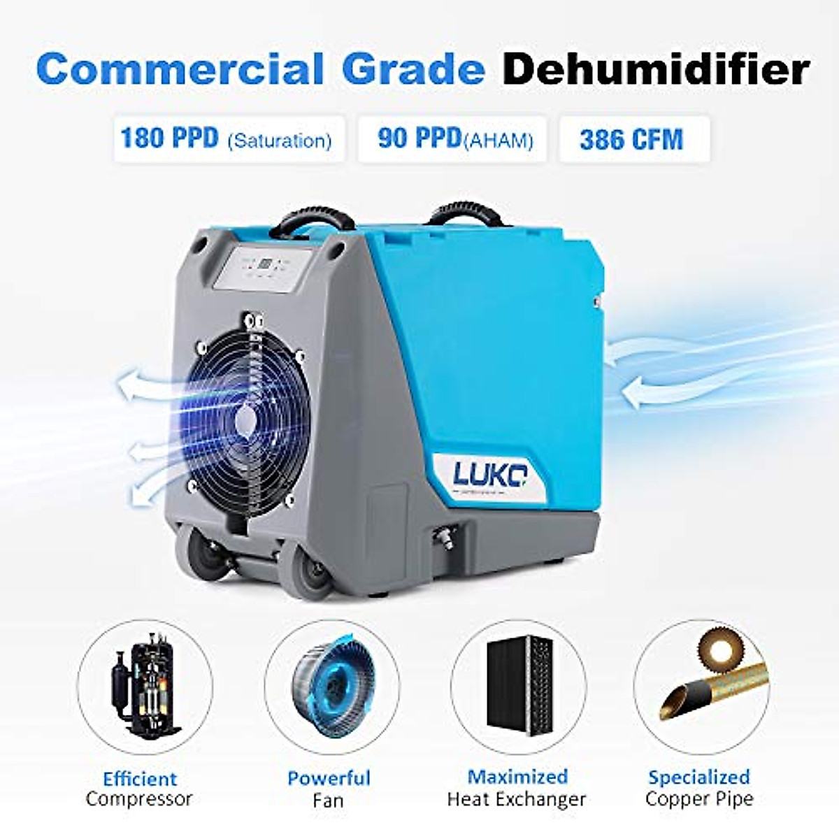 180 Pints Commercial Dehumidifiers for Basement, with Pump Drain Hose for Warehouse&Job Sites, Large Capacity Rotational Molded Portable Crawl Space Dehumidifier for Efficient Water Damage Restoration