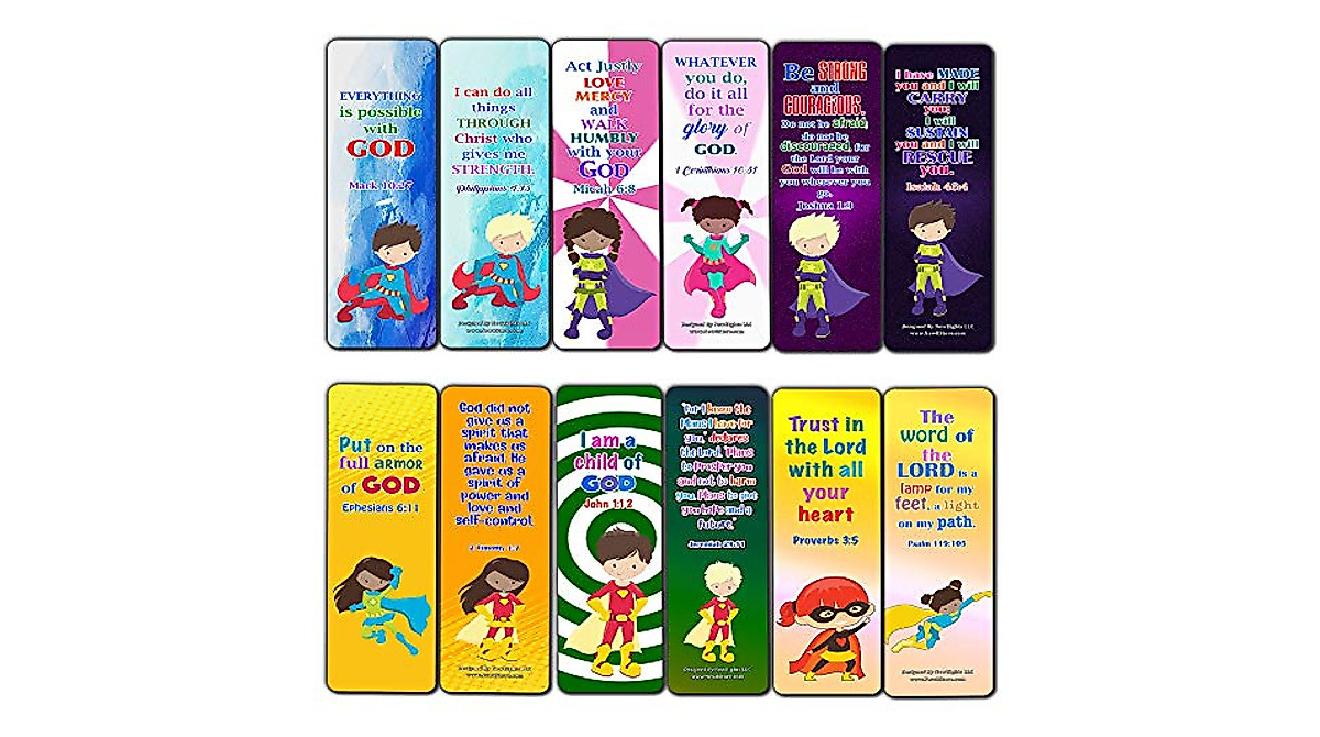 Super Hero Religious Bookmarks for Kids – 12 Pack Bible Verses & Gifts