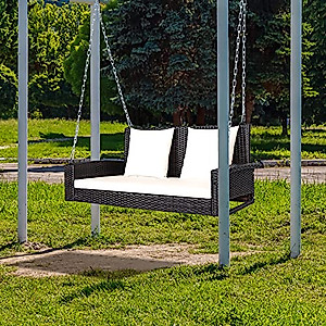 Happygrill Porch Swing Bench Outdoor 2-Person Patio Rattan Swing Chair with Soft Cushions, 7.9ft Reinforced Steel Chain, Solid Steel Frame, Perfect for Backyard, Poolside, Front Porch White