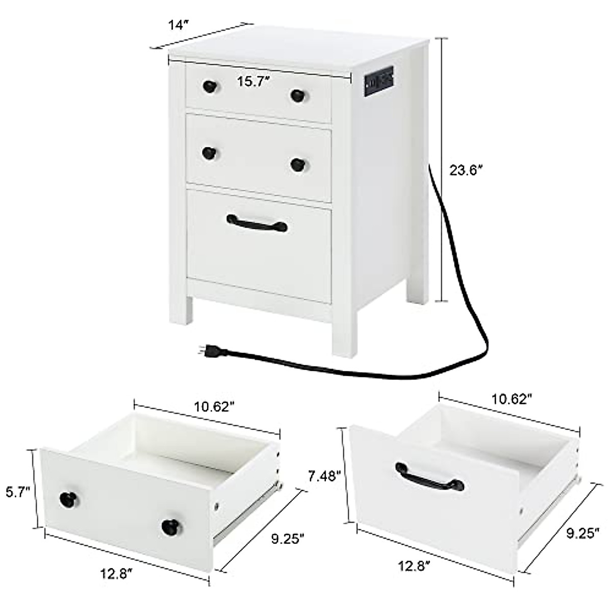 Nightstand with Charging Station, End Table, Side Table with 3 Storage Drawers for Small Space, Flip Top Bedside Table with USB Ports and Outlets for Bedroom, Living Room, Easy Assembly, White