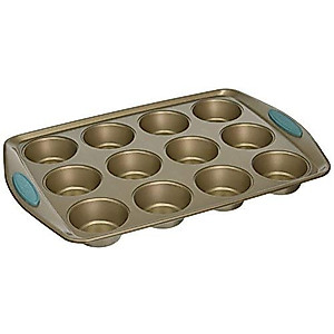 Rachael Ray Bakeware Nonstick Cookie Pan Set, 3-Piece, Gray with Agave Blue Grips & Ray Cucina Nonstick 12-Cup Muffin Tin With Grips/Nonstick 12-Cup Cupcake Tin With Grips - 12 Cup, Brown