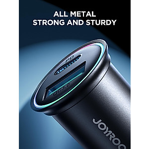 JOYROOM USB C Car Charger,【USB A/C to USB-C Coiled Cable】60W Super Fast Car Phone Charger 【Mini & All Metal】iPhone Car Charger Adapter for iPhone 15/14/13/12/11 Pro/11/X, Note 9/20 Galaxy S23/S10/S9