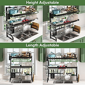 BOOSINY Over Sink Dish Drying Rack 3 Tier Full 304 Stainless Steel Above Sink Dish Drainer for Kitchen Shelf, Expandable Over The Shelf Storage Organization (Black - 25.5"-35.5")