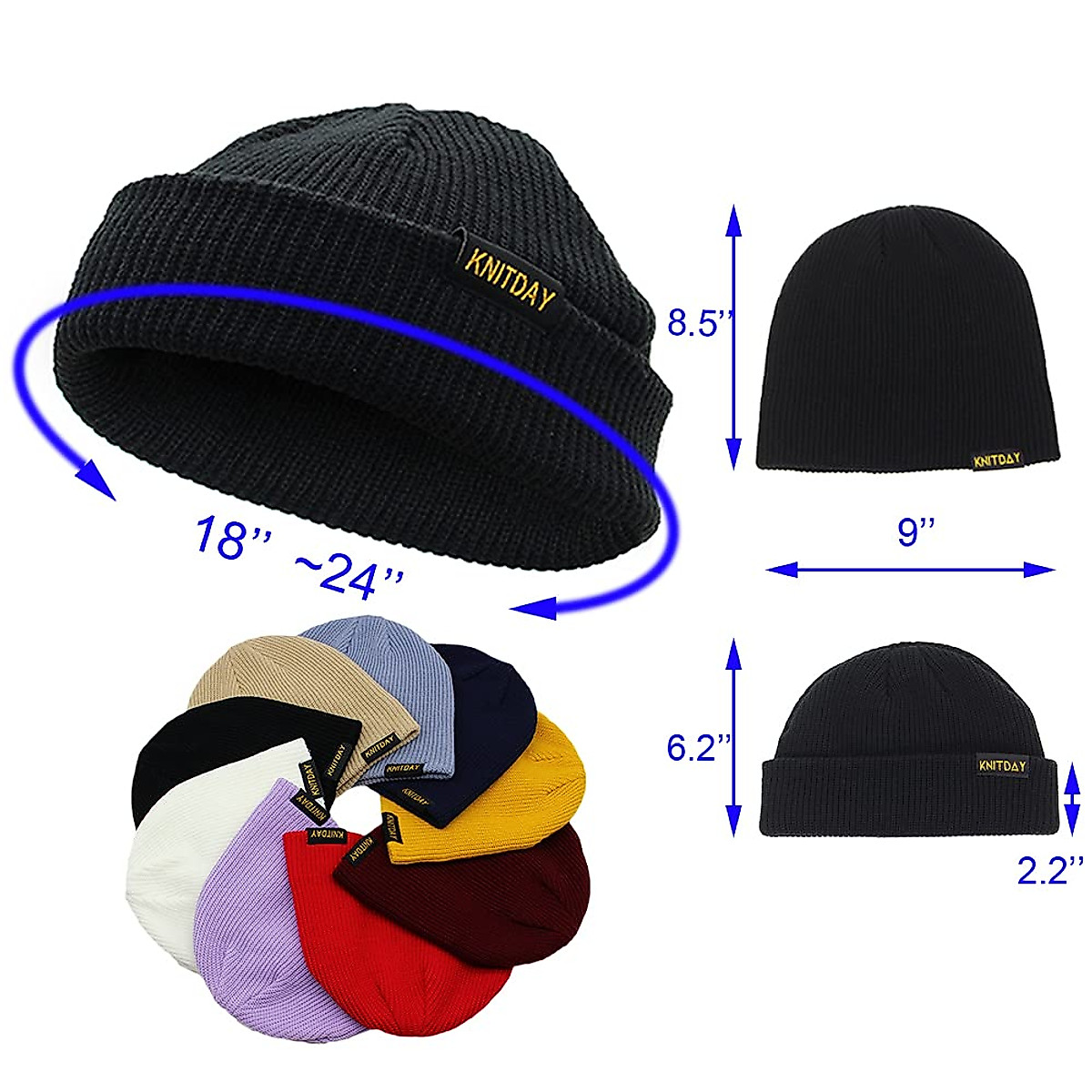 KNITDAY Sailor Trawler Short Thick Knit Fisherman Beanie Hats for Men and Women Plus Size Roll up Edge Cuff Streetwear Skull Cap Unisex Daily Wearing (Black)