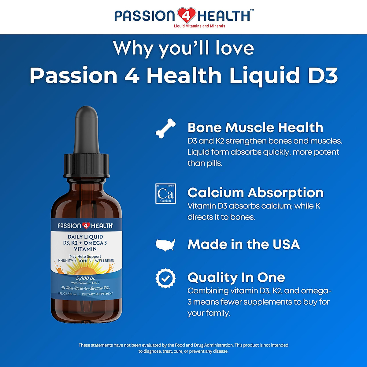 Passion 4 Health Organic Liquid Vitamin D3 (5000IU) + K2 (Mk-7) + Omega 3 Supplement - Support for Healthy Bones and Muscles (1)