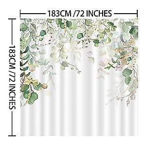 QOQIBU Green Plant Shower Curtain for Bathroom with 12 Hooks,Waterproofing Enhanced Shower Curtains with Eucalyptus Leaf Plant Pattern,Floral Shower Curtain Inspired by Nature for Decoratin-72 x72