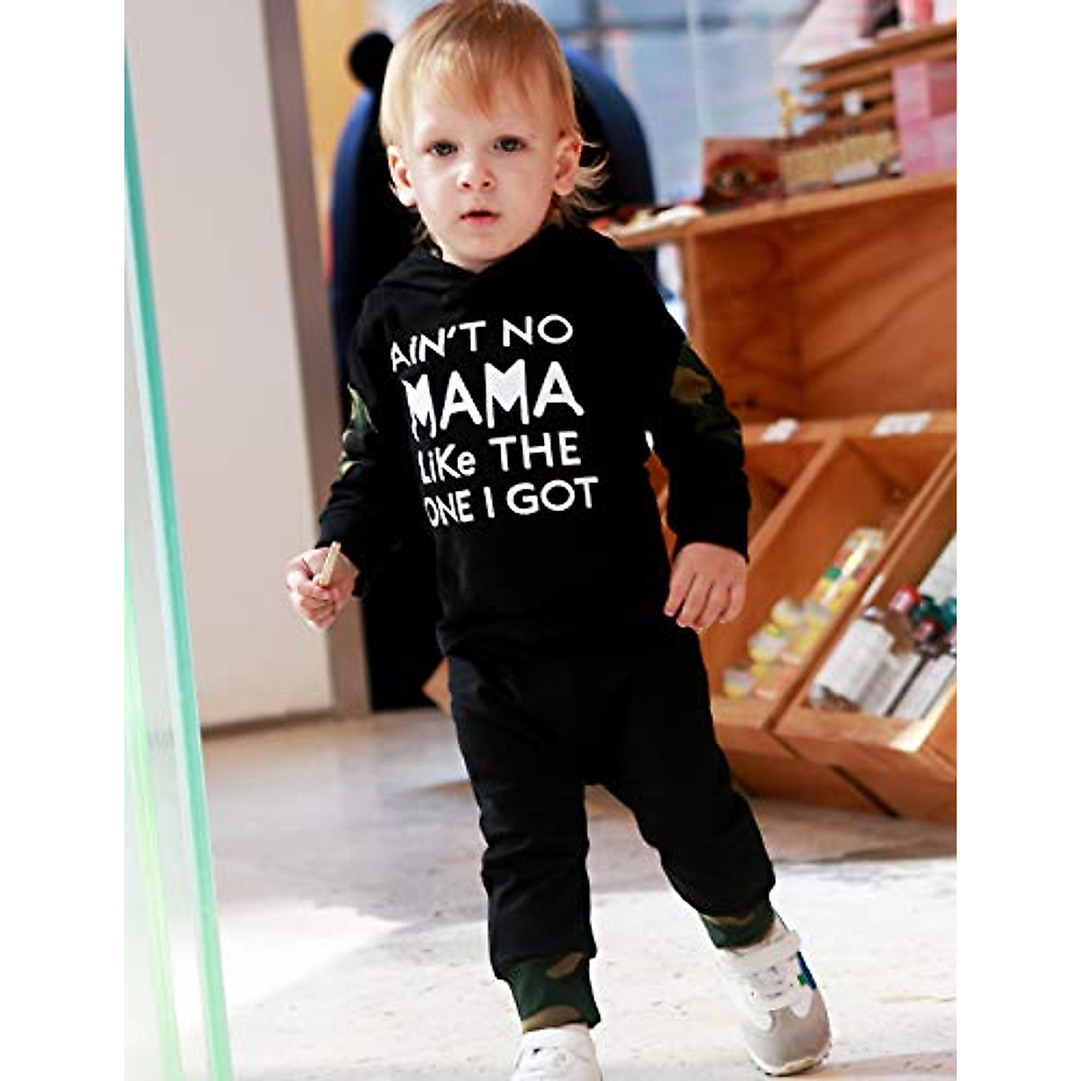 WALSONER Baby Boy Clothes Funny Letter Printed Long Sleeve Hoodie Tops Sweatsuit and Black Camouflage Pants Outfit Set （18-24 Months）