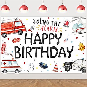 Wonmelody Emergency Birthday Decorations Backdrop Happy Birthday Sound the Alarm Backdrop Banner Rescue Vehicle Birthday Party Supply Team Rescue Backdrop First Responder Transportation Party
