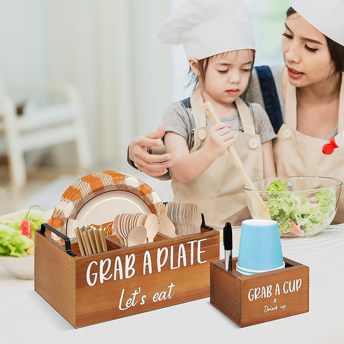 MEMOORIAL Paper Plate Dispenser, Kitchen Countertop Paper Plate Holder, Wood Rustic Silverware Utensil Caddy, Disposable Dish and Cup Holder Utensil Caddy for Kitchen, Party, BBQ