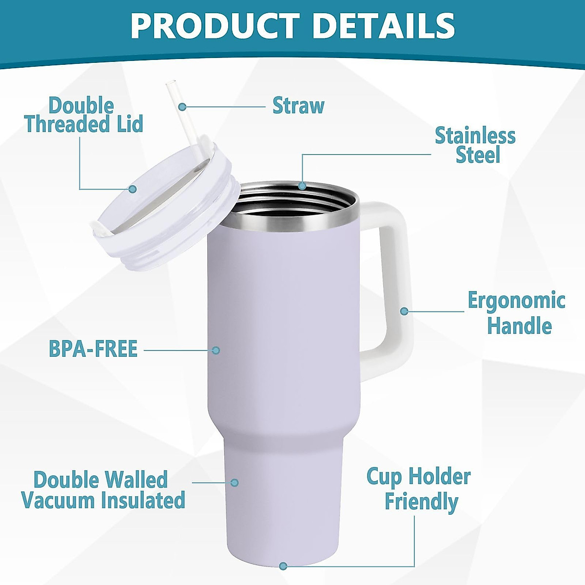 MCHIVER Lavender Fog 30 oz Tumbler with Handle and Straw Stainless Steel Vacuum Water Bottle Leak-proof Travel Coffee Mug Insulated Cup for Home Car Office