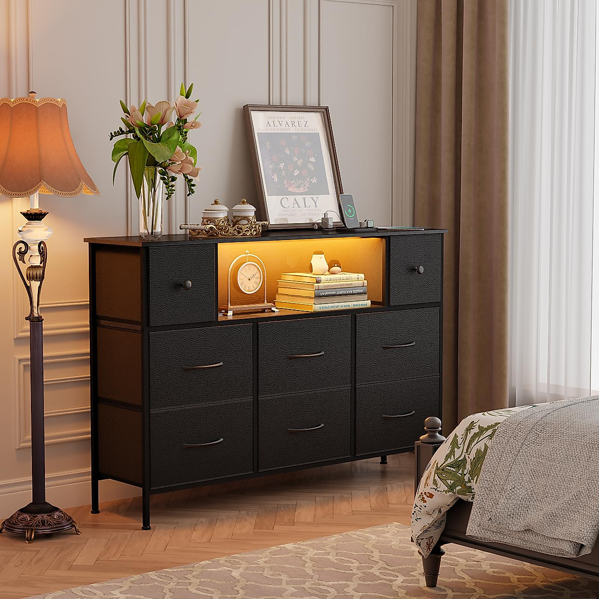 Fixwal Dresser for Bedroom with Power Outlets and LED Lights, Black 55" TV Stand with 8 Drawers, Fabric Chest of Drawers with PU Finish for Living Room, Entryway