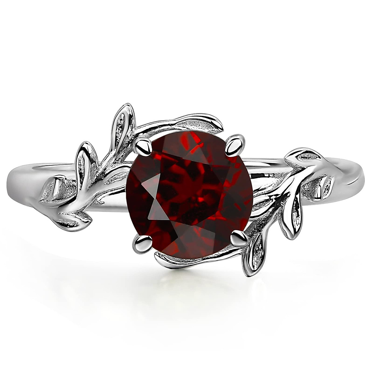 LUO Round Shaped 1.68 CT Garnet Ring Branch Promise Ring 925 Sterling Silver January Birthstone Ring for Women US Size 8
