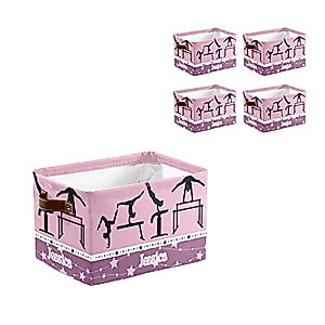 Gymnast Move Stars Red Pink Foldable Custom Personalized Name Storage Bins Basket Cubic Clothes Supplies Organizer,Durable Handle