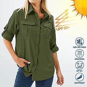 Toumett Women's UPF 50 Long Sleeve UV Sun Protection Safari Shirts Outdoor Quick Dry Fishing Hiking Travel Shirts(Amy Green,M,5071)