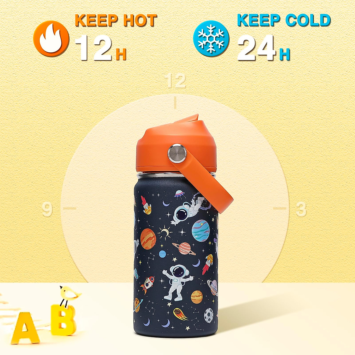 Scothen Kids Insulated Water Bottle with Straw Lid, 14oz Double Wall Vacuum 18/8 Stainless Steel Kids Tumbler, BPA-FREE Leak Proof Toddler Metal Water Bottle Kids Cups for School Travel Boys Girls