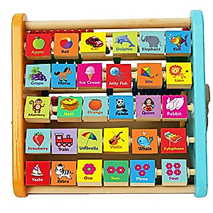 TOWO Activity Centre Triangle Toys - flip Flop Alphabet Blocks Abacus Clock - Activity Cube for Toddlers 5 in 1- Toys for Babies Montessori Learning-Wooden Toys for 1 Year Old
