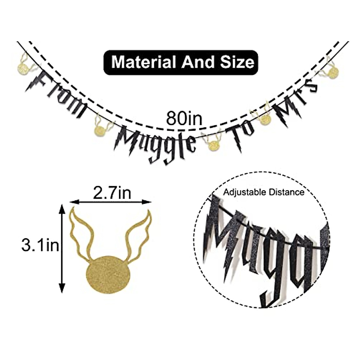 From Muggle To Mrs banner-Harry Potter Theme Bachelor Party Supplies,Bridal Shower Bachelor Decorations, Black Glitter Wizard Garland, Bachelor Girl Photo Props