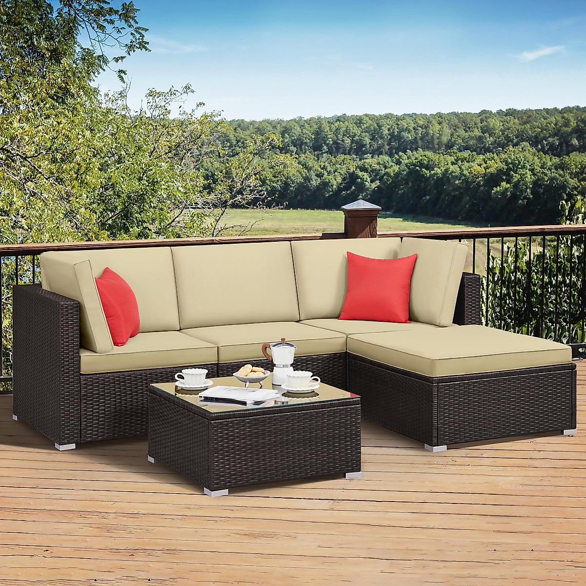 Yaheetech Patio Furniture Set, 5-Piece Outdoor/Indoor Rattan Wicker Sofa Set w/Glass-top Table & Cushions, All-Weather Conversation Lounge Set for Porch/Yard/Poolside/Balcony - Brown/Khaki