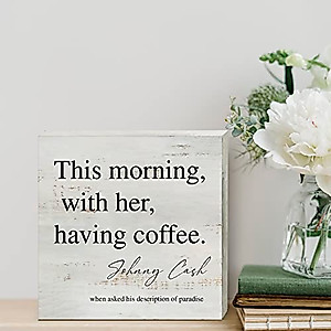 Funny Coffee Wooden Box Sign Desk Decor This morning with Her Having Coffee Wood Block Plaque Rustic Box Sign for Home Kitchen Shelf Table Decoration (5 X 5 Inch)