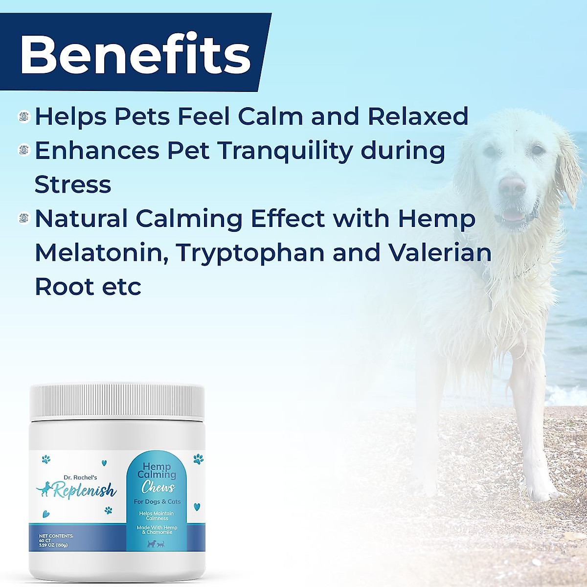 Replenish Hemp Calming Chews for Dogs and Cats - Dr. Rachel's Dog Calming Treats, Soothing Botanicals, Grain-Free, Anxiety Relief, Stress Support - 60 Count