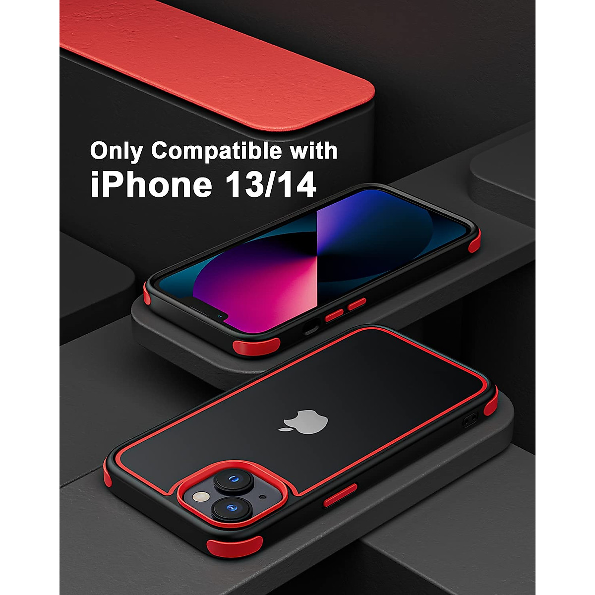 Mobnano Crystal Clear Case for iPhone 14 & iPhone 13, with Multicolor Protective Shockproof Bumpers [Not Yellowing] Slim Hard PC Back Cover for Men Women (Black/Red)